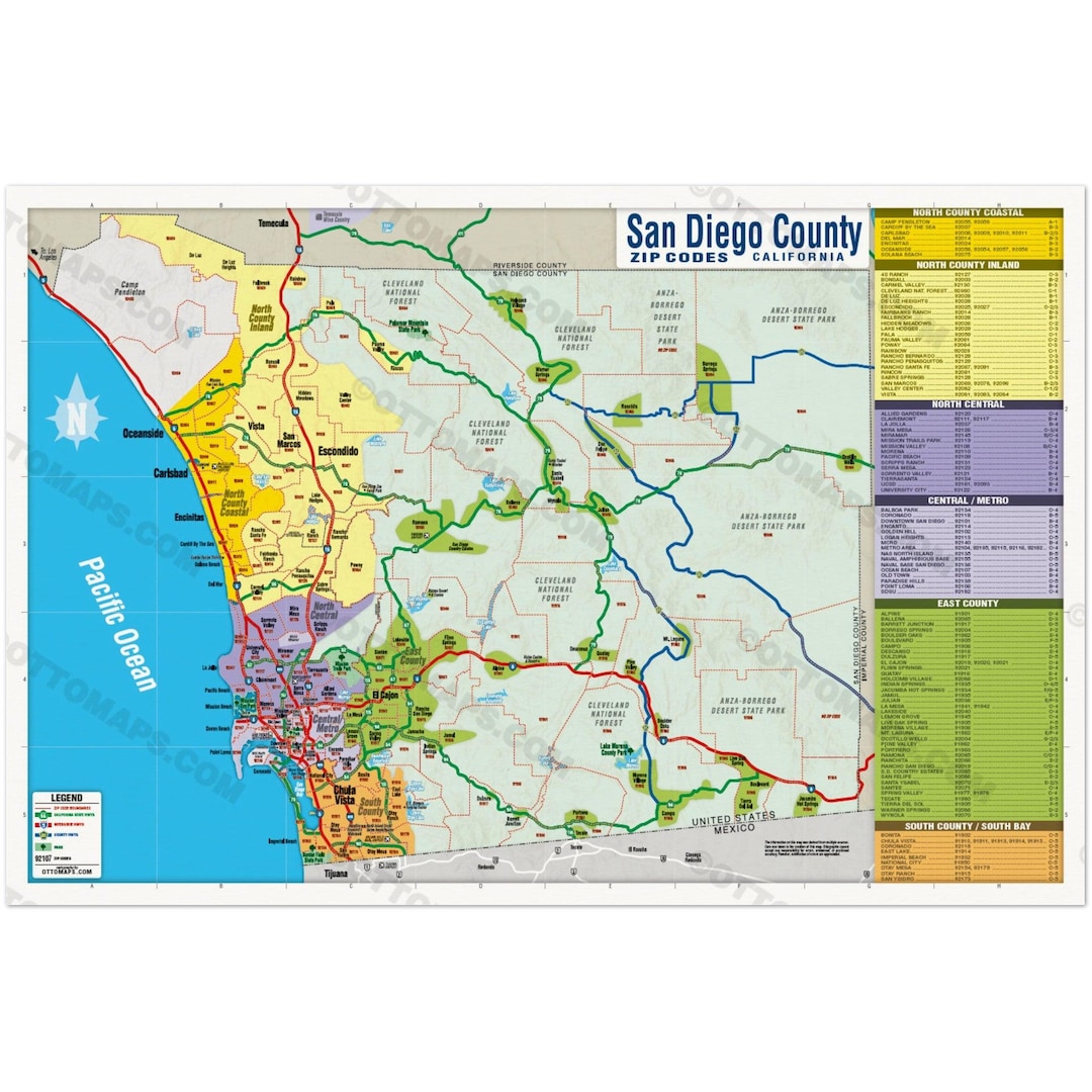 San Diego County Zip Code Map FULL areas Colorized POSTER PRINTS - Etsy