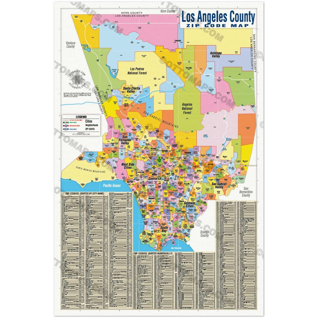 Los Angeles Zip Code Map FULL zip Codes Colored POSTER PRINTS - Etsy UK