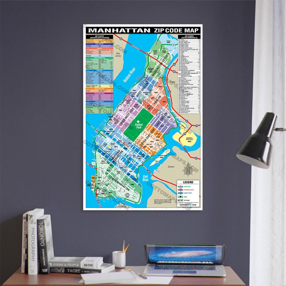 Manhattan Zip Code Map - Neighborhoods Colorized - POSTER PRINTS - Etsy