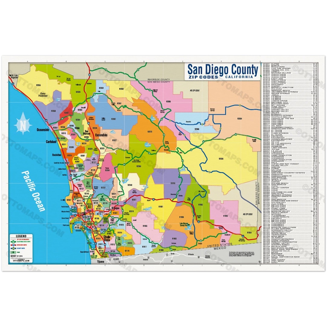 San Diego County Zip Code Map FULL zips Colorized POSTER PRINTS - Etsy
