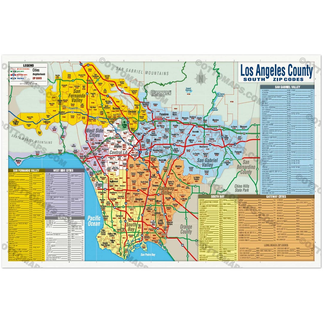 Los Angeles Zip Code Map SOUTH areas Colored POSTER PRINTS - Etsy