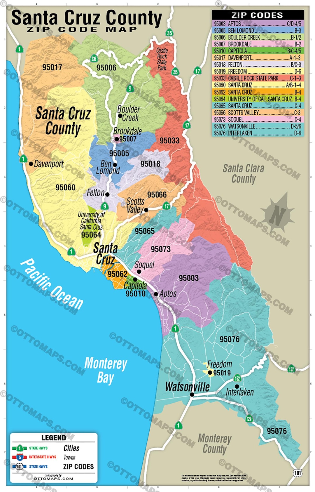 Santa Cruz County Zip Code Map - POSTER PRINTS - Etsy