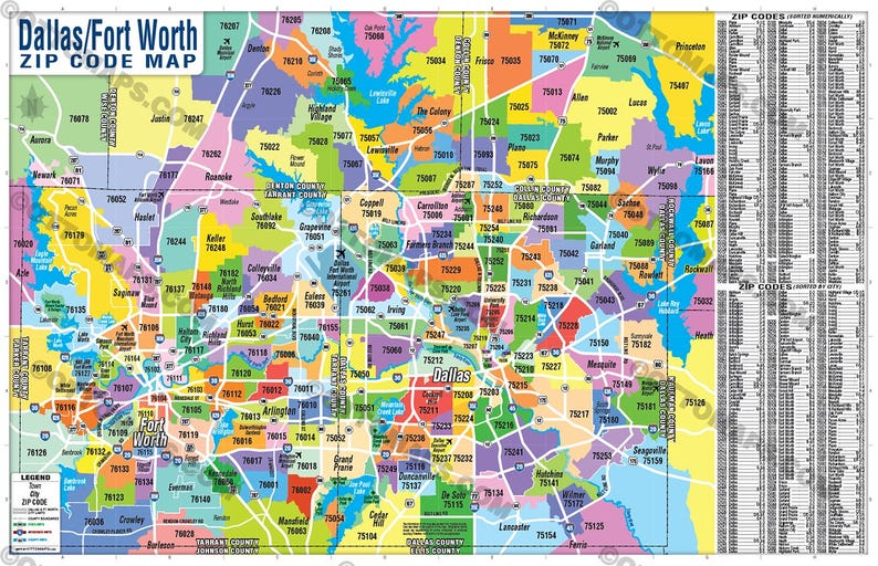Dallas Fort Worth Zip Code Map - Zip Codes Colorized - POSTER PRINTS - Etsy