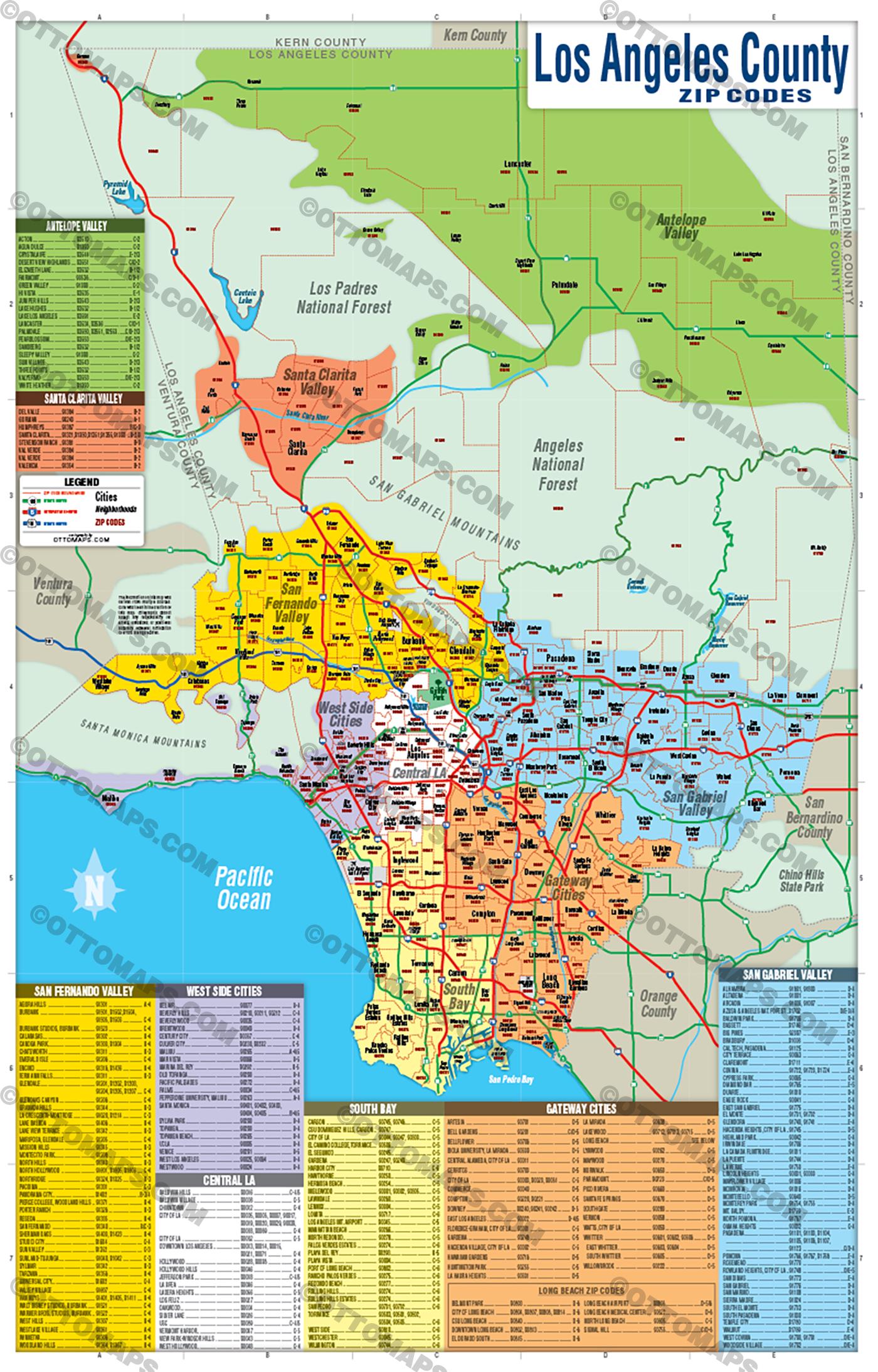 Los Angeles Zip Code Map - FULL (counties Colored) - POSTER PRINTS - Etsy