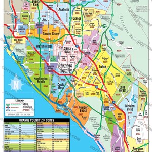 Orange County Zip Code Map - Zip Codes Colorized - POSTER PRINTS - Etsy