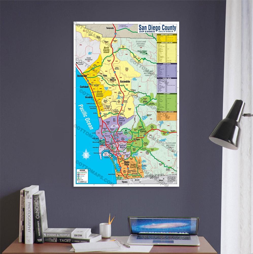 San Diego County Zip Code Map - COASTAL (areas Colorized) POSTER PRINTS ...