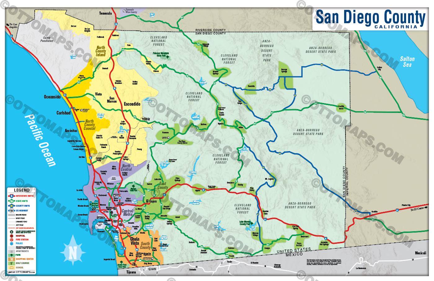 San Diego County Map - FULL (no Zip Codes) - POSTER PRINTS - Etsy