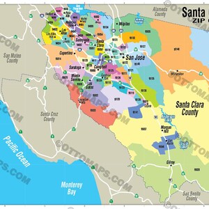 Santa Clara County Zip Code Map - POSTER PRINTS - Etsy