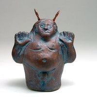 Pottery Clay Rattle, Sculpted Stoneware Horned One God Pan Altar Shaker ...