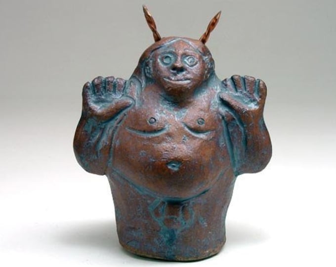 Pottery Clay Rattle, Sculpted Stoneware Horned One God Pan Altar Shaker ...