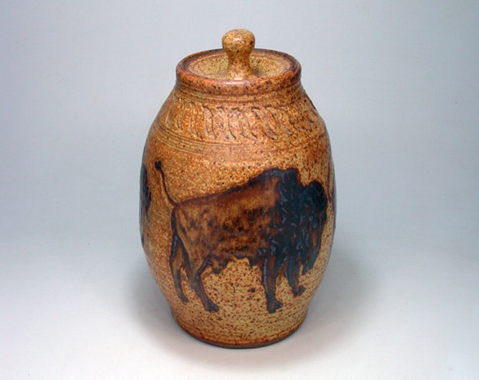 Stoneware Pottery Cookie Jar, Large Bison Buffalo Ceramic Covered Jar ...