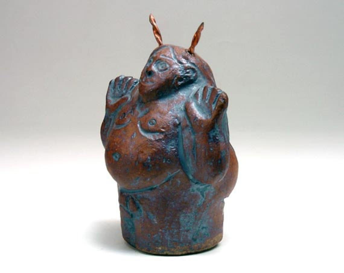 Pottery Clay Rattle, Sculpted Stoneware Horned One God Pan Altar Shaker ...