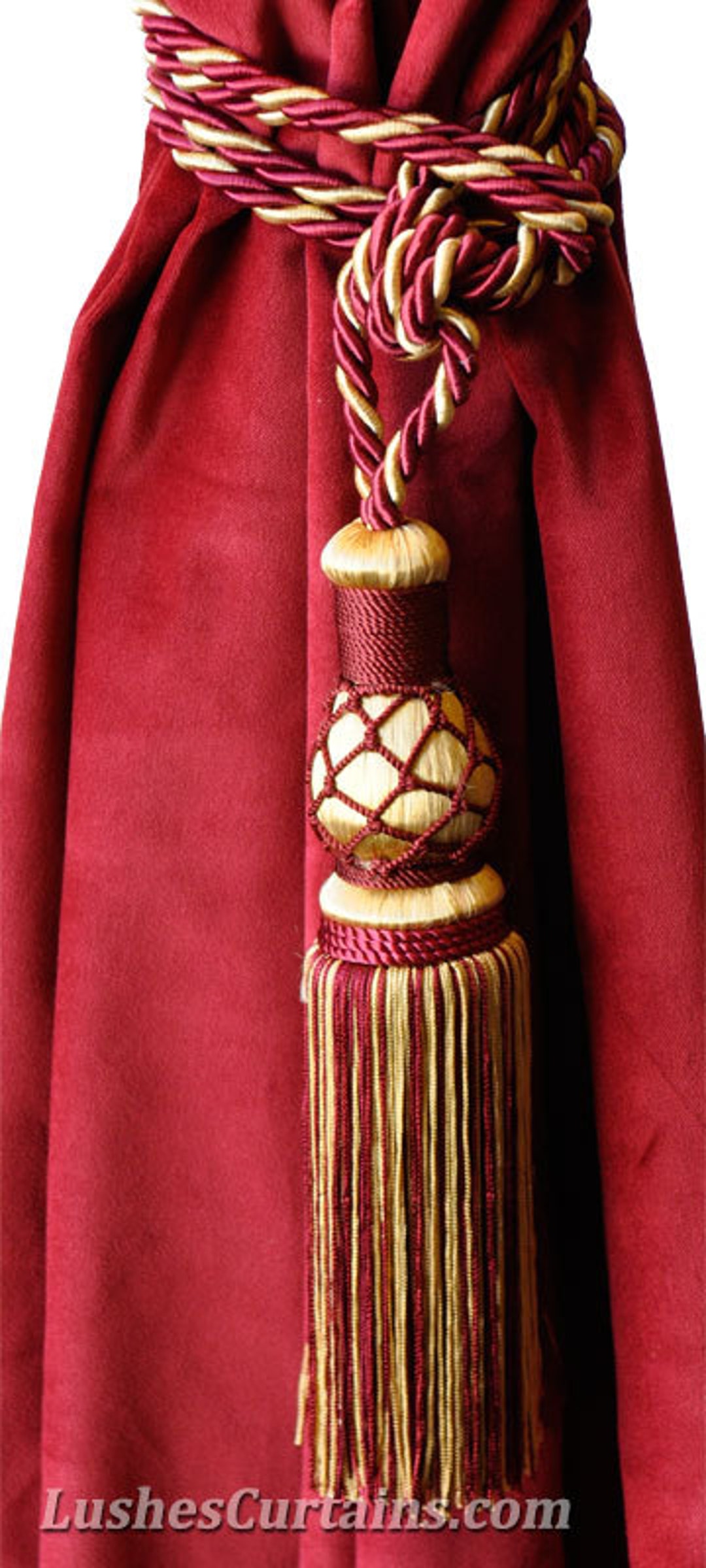 1 Beautiful Luxury Gold & Burgundy Curtain Drapery Tassel Rope Tieback ...