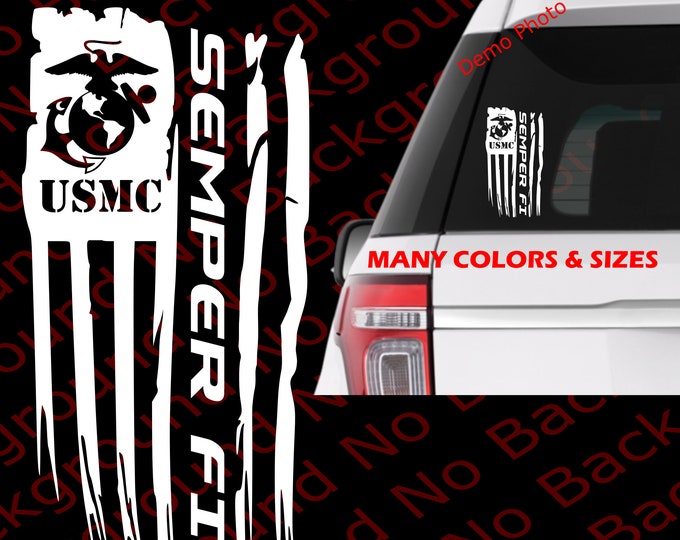 USMC, Marine Corps, Ega and Distressed/tattered USA Flag, Die Cut Decal ...