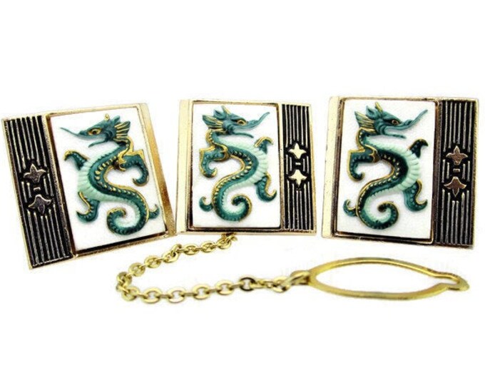 Toshikane Japan Cuff Links Set/green Chinese Dragon/ White Square Tiles ...