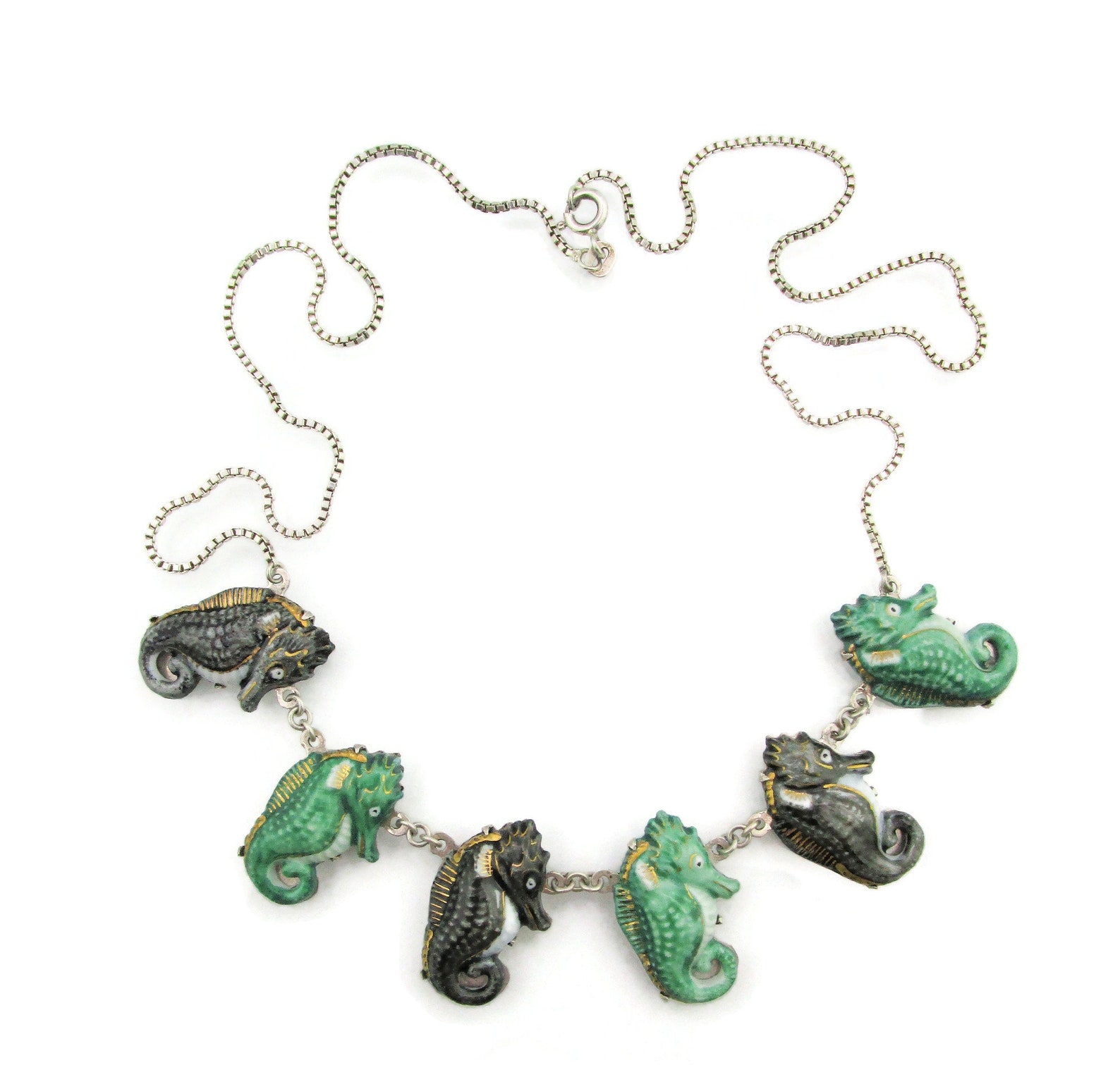 Toshikane SEAHORSE Necklace/hand Painted Arita Porcelain/green Black ...
