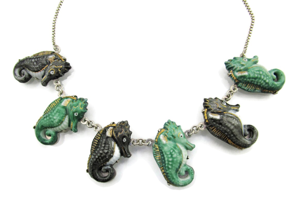 Toshikane SEAHORSE Necklace/hand Painted Arita Porcelain/green Black ...