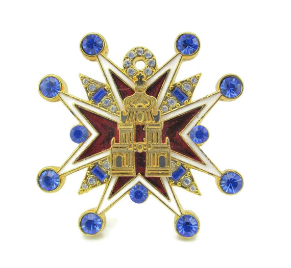 Cross of Malta Romanov Brooch/Clear & Blue Chatons/Bl… - Gem