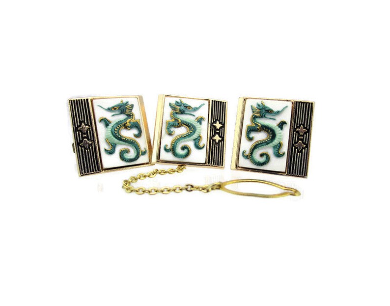 Toshikane Japan Cuff Links Set/green Chinese Dragon/ White Square Tiles ...