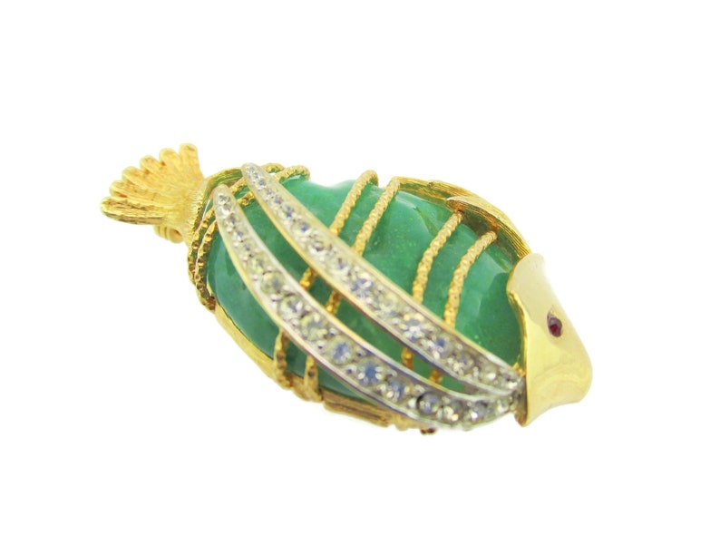 Kramer Stylized Fish Brooch/encased Large Green Peking Glass | Etsy