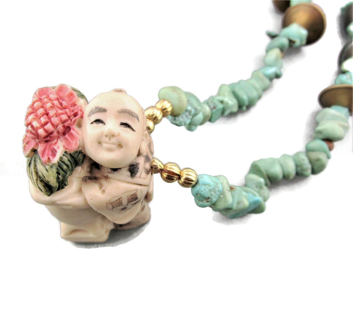 Japanese NETSUKE Necklace /happy Flower Boy /polychrome Molded | Etsy