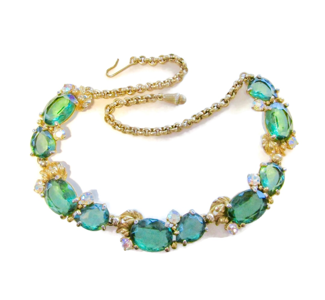 Elsa Schiaparelli Necklace/large Green Stones/unfoiled Oval & Pear ...