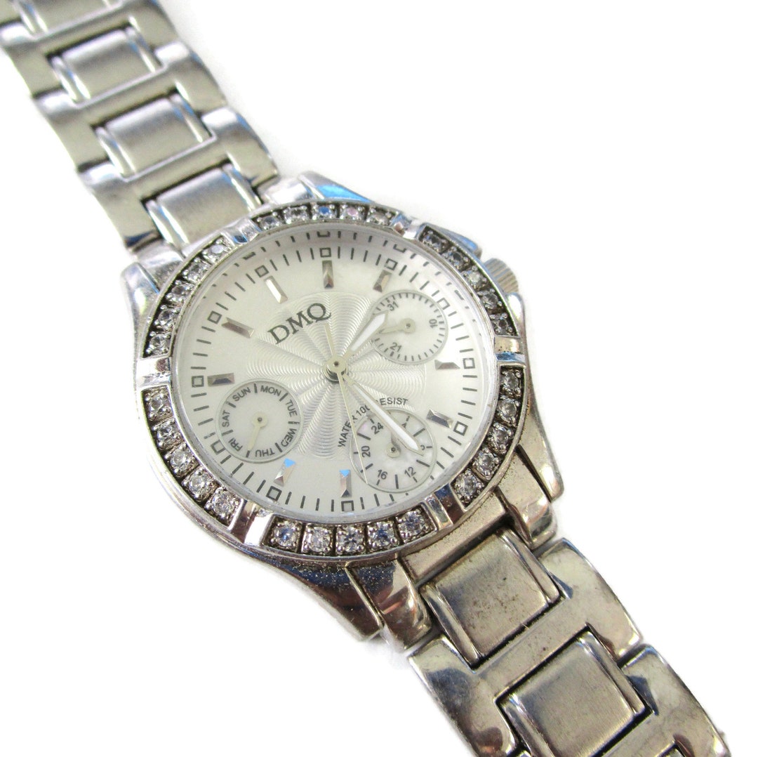 DMQ Diamonique Quartz Watch /cz Bezel /time Day Date Multifuntion ...