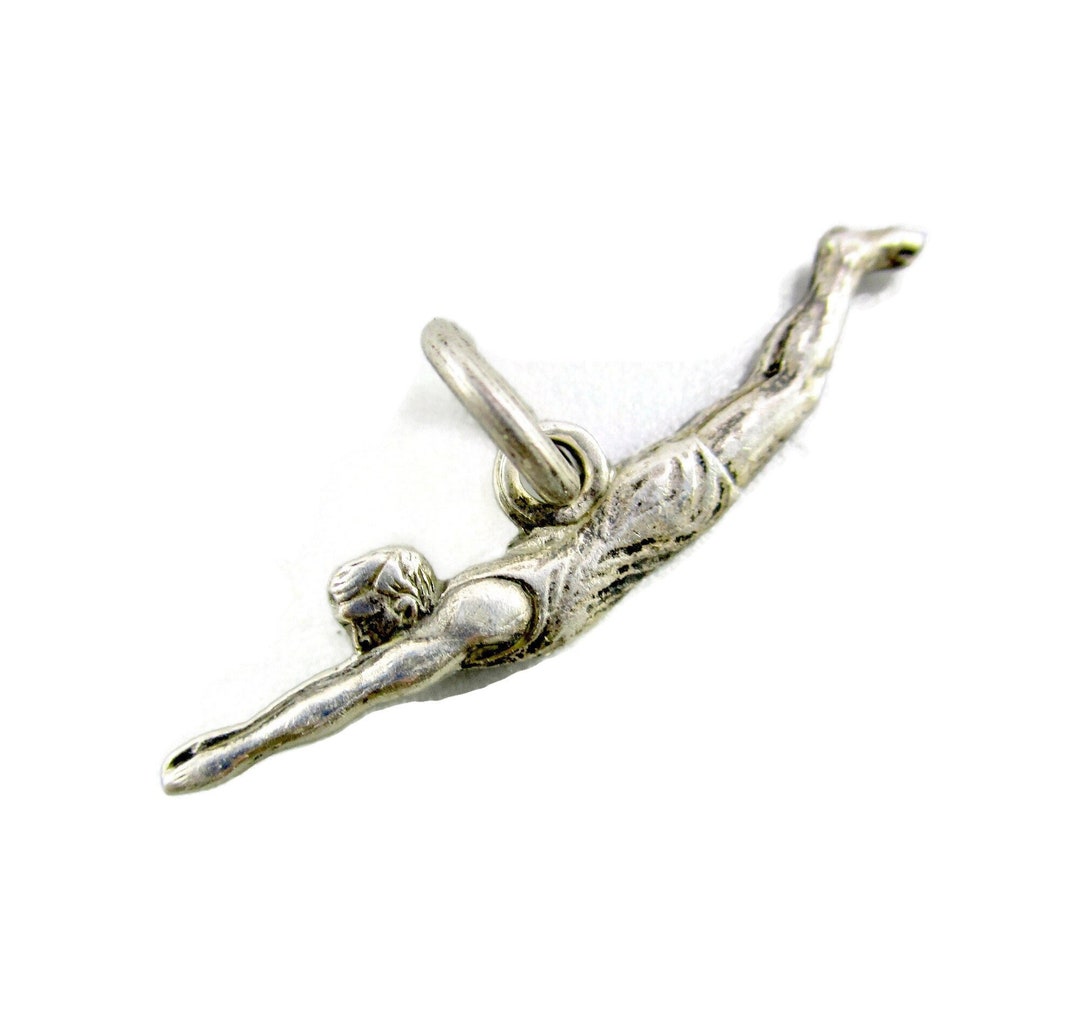 Art Deco 925 Swimmer Charm/l&c Sterling Silver/ 30mm X 6.4mm Fob ...