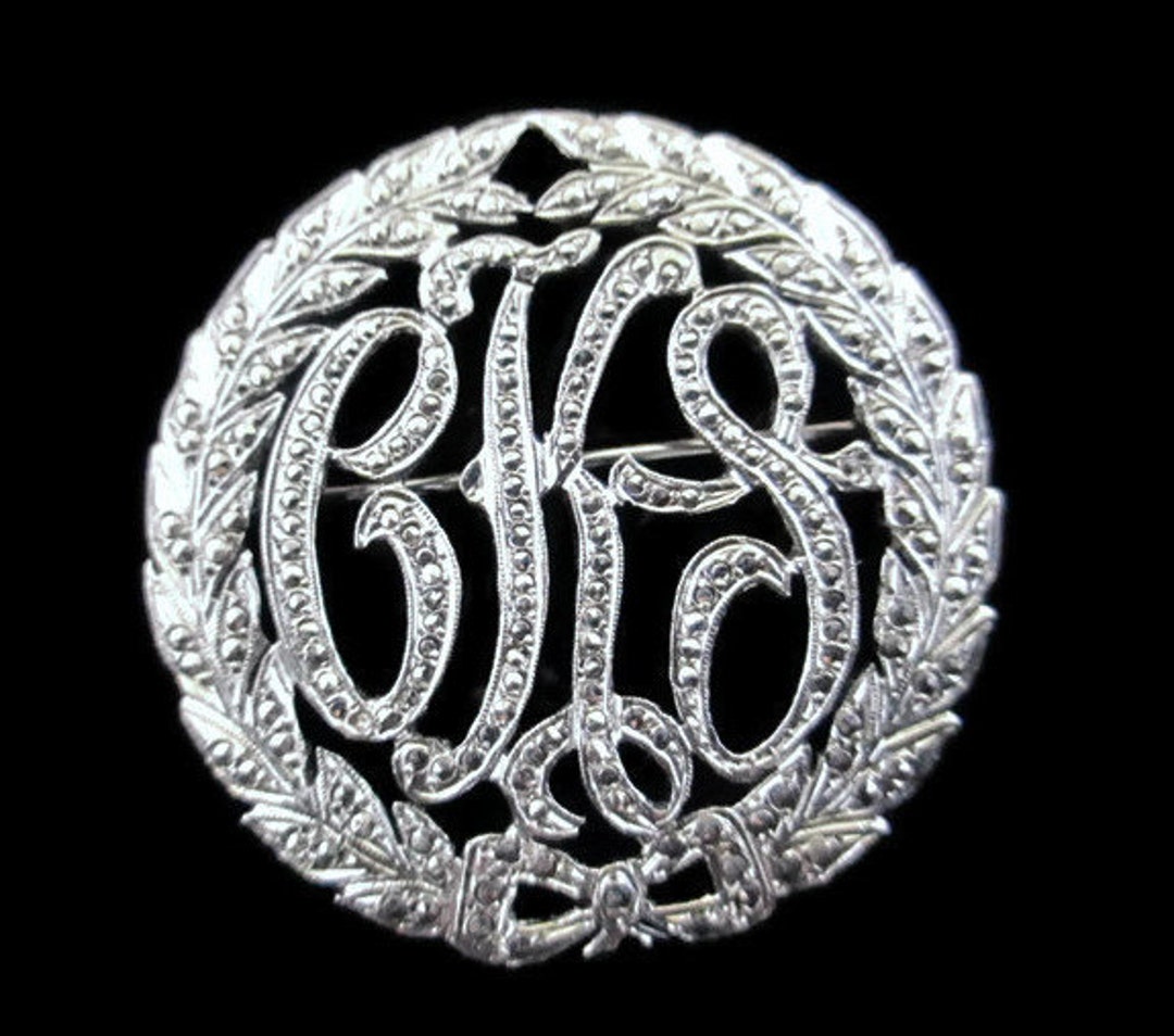 Vintage 1940s Harry Iskin Sterling Silver Marcasite Monogram Wreath Pin ...