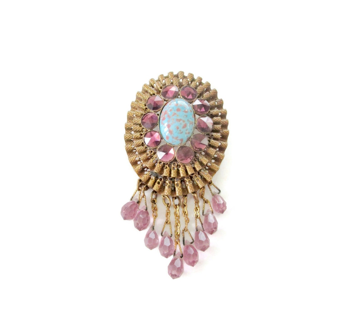 Kandell & Marcus Brooch/rose Gold Tone Filigree Oval Ruffles/blue ...