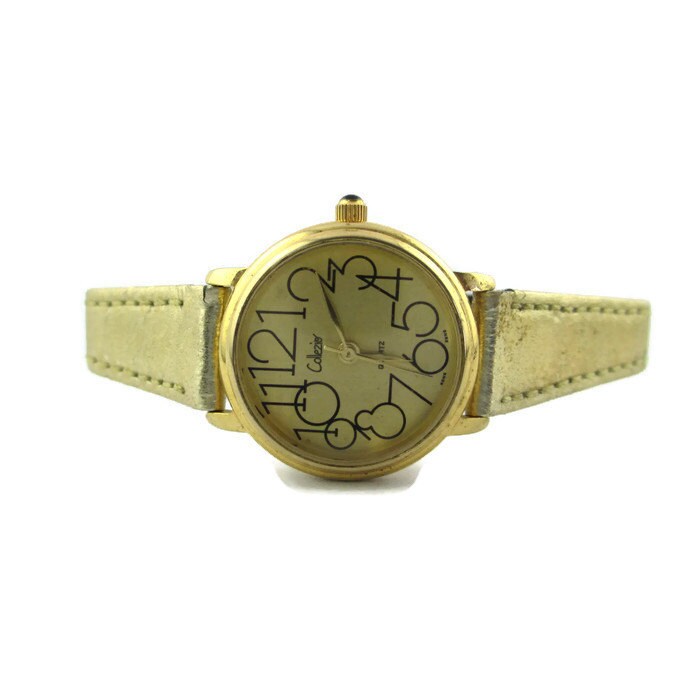 COLLEZIO Big Numbers Watch / Gold Metallic Leather Strap/ Hong - Etsy