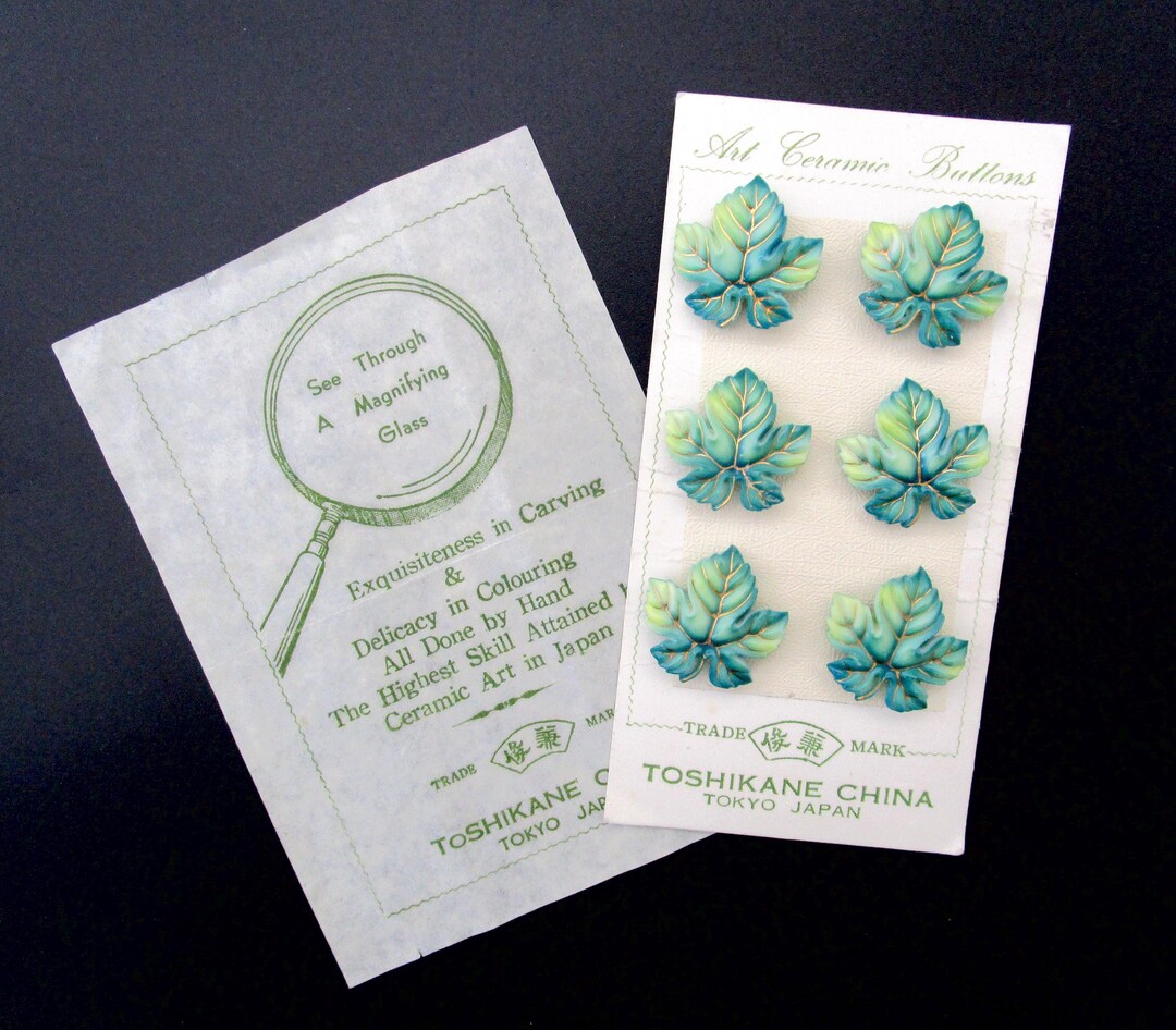 6 Toshikane Green Oak Leaf Buttons/original Card//japanese Handpainted ...