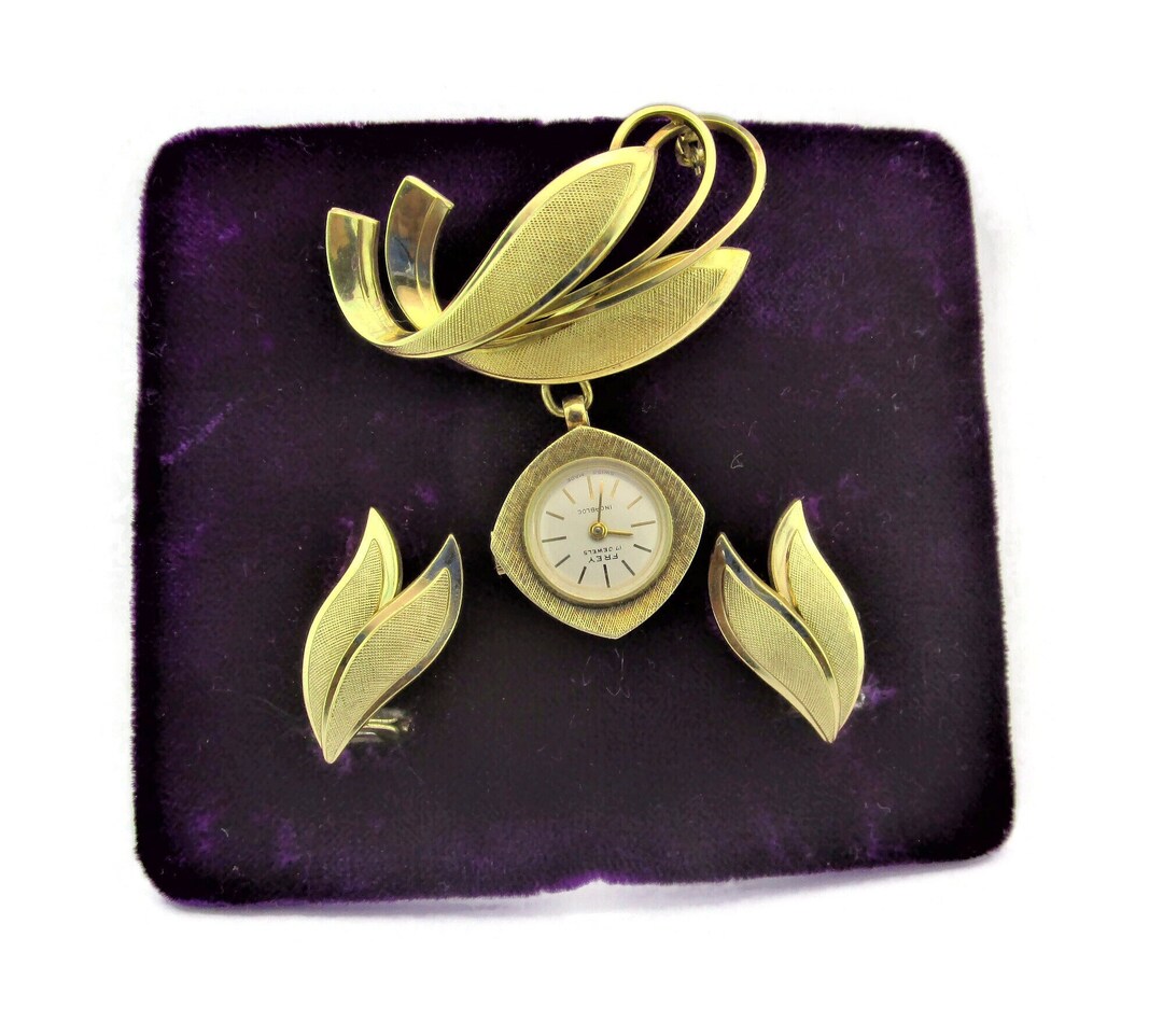 FREY Lapel Watch and Earrings/17 Jewels Swiss Made/gold Tone AMERIC ...