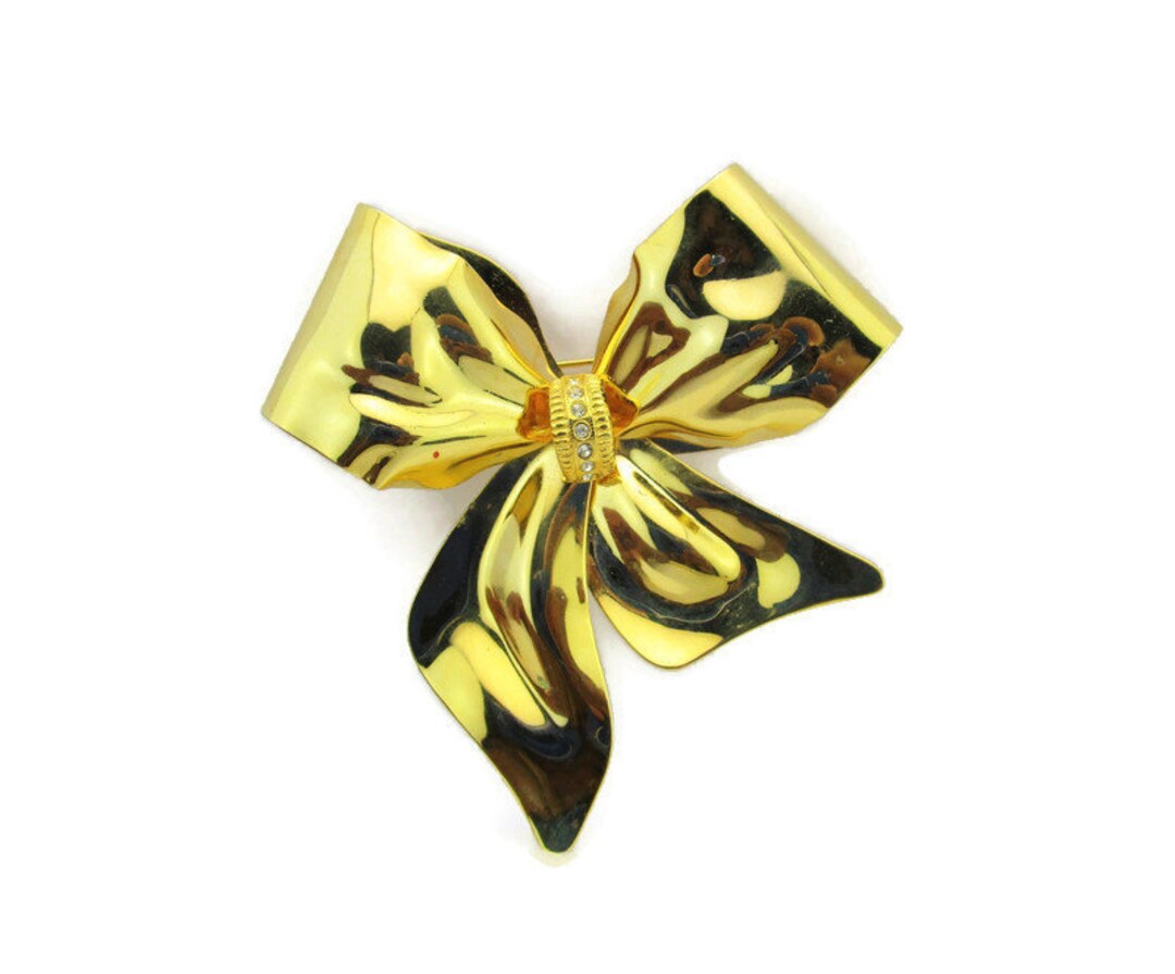 Large Golden Bow Pin/gold Tone Brooch/ Big Bunched Knotted Ribbon ...