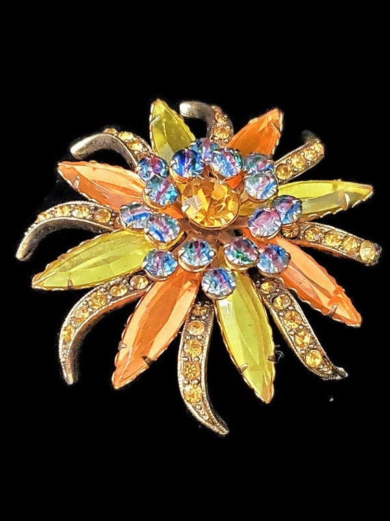 Selini Flower Brooch/Orange & Yellow Lucite Navette s… - Gem