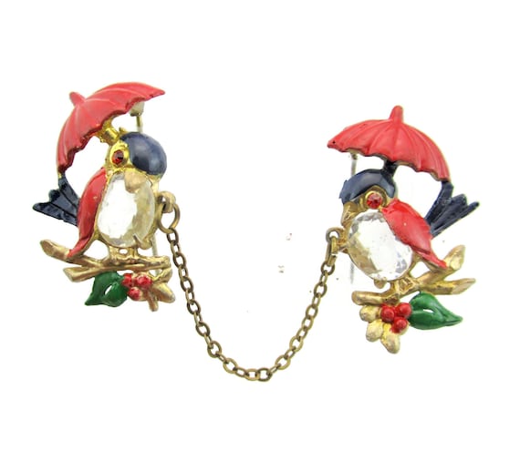 Fred Gray Umbrella Birds Brooch/Avian lover Chatelain… - Gem