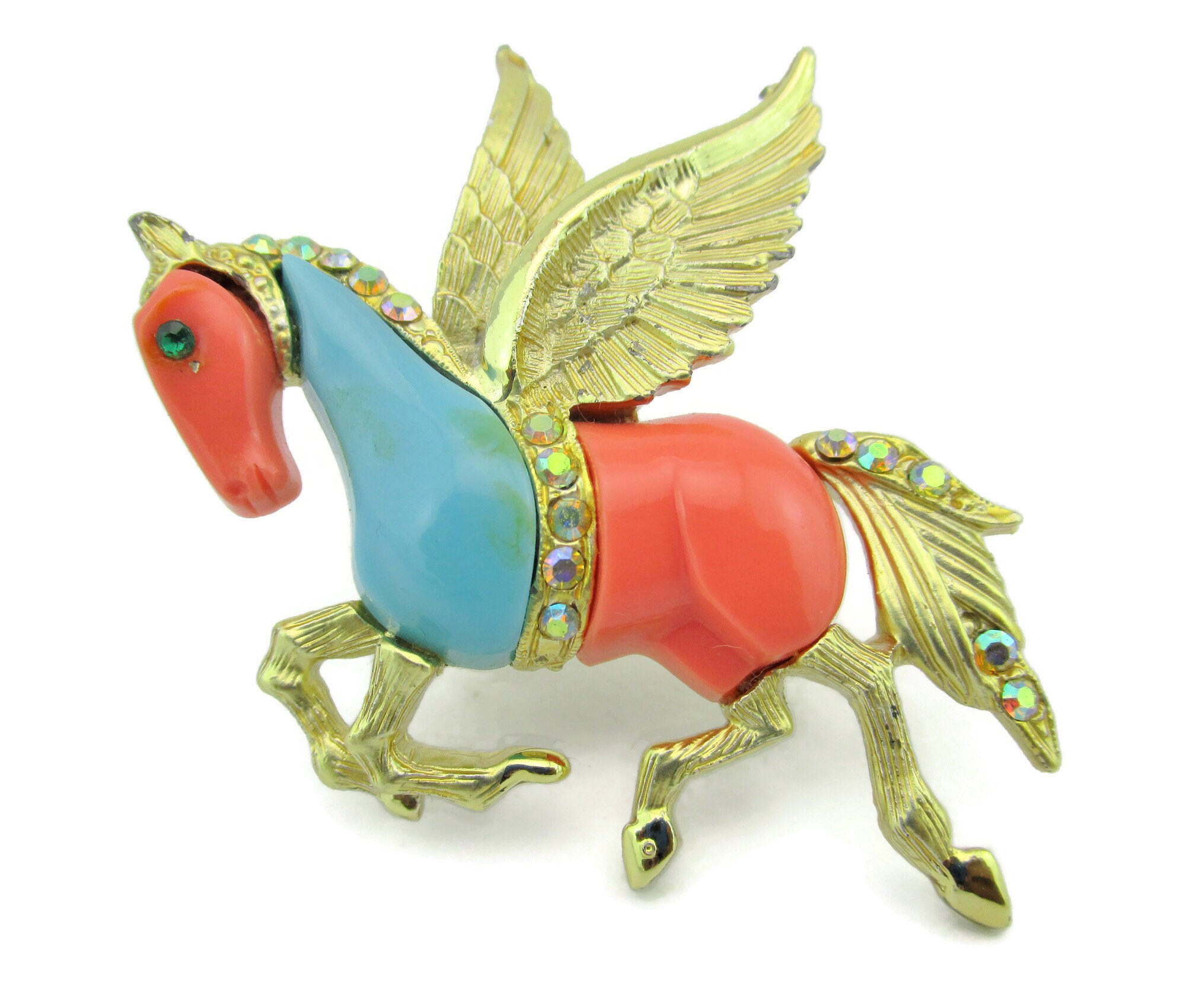 BajanLizard Unsigned Hattie Carnegie Pegasus Brooch Mythical Winged Divine Horse Turquoise Coral Lucite Pin Aurora Borealis Rhinestones