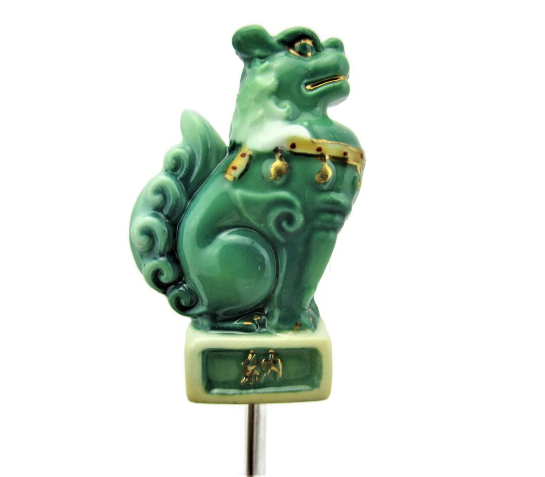 Toshikane FOO DOG Spoon/right Facing Ceramic Finial/rare Green Chinese ...