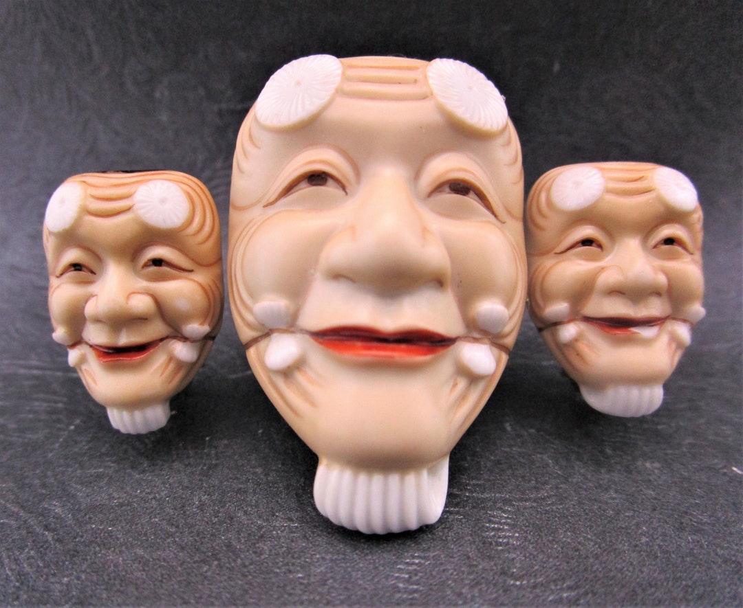TOSHIKANE Obidome Brooch & Earrings/okina- 翁面 Mask for Noh Play Demi ...