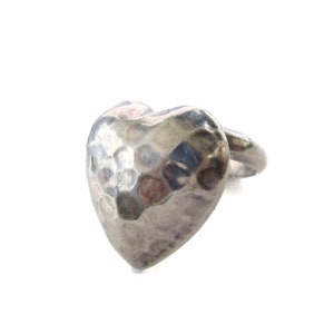 Huge Puffed Heart Ring/ Adjustable Hand Hammered /925 Silver Mexico/ 15 ...