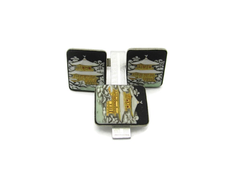 Toshikane Cuff Links Tie Clasp /kinkakuji Temple Golden Pavilion Tile ...