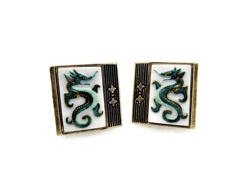 Toshikane Japan Cuff Links Set/green Chinese Dragon/ White Square Tiles ...