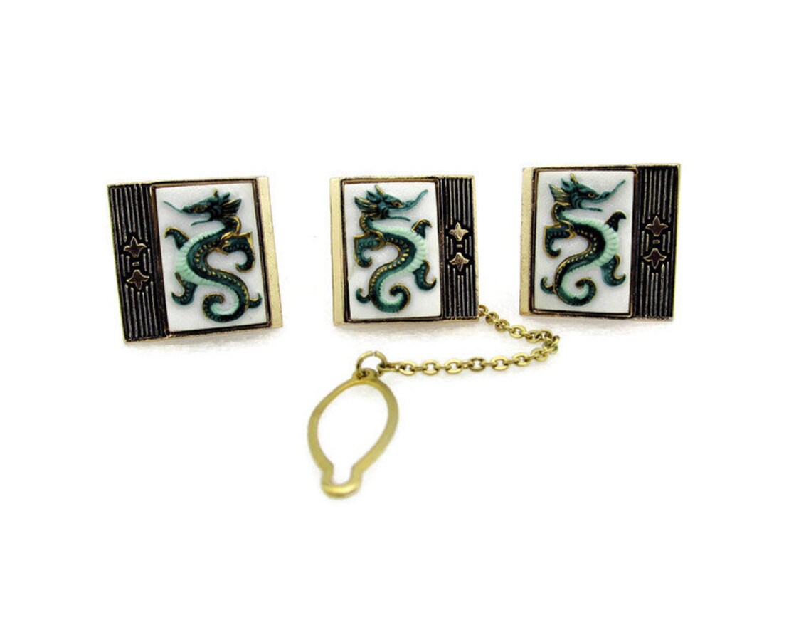 Toshikane Japan Cuff Links Set/green Chinese Dragon/ White Square Tiles ...
