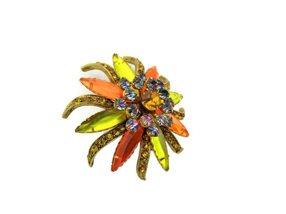Selini Flower Brooch/Orange & Yellow Lucite Navette s… - Gem