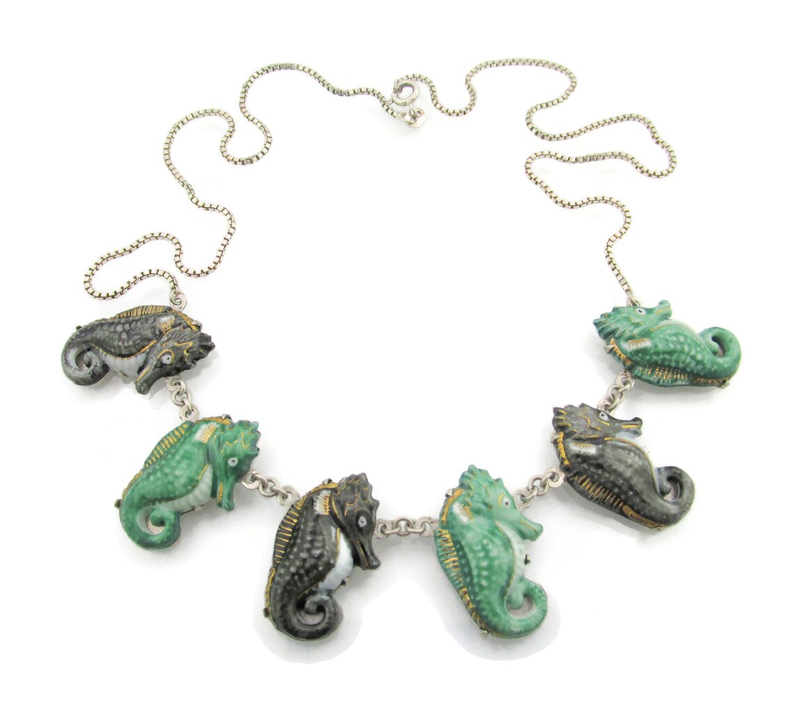 Toshikane SEAHORSE Necklace/hand Painted Arita Porcelain/green Black ...