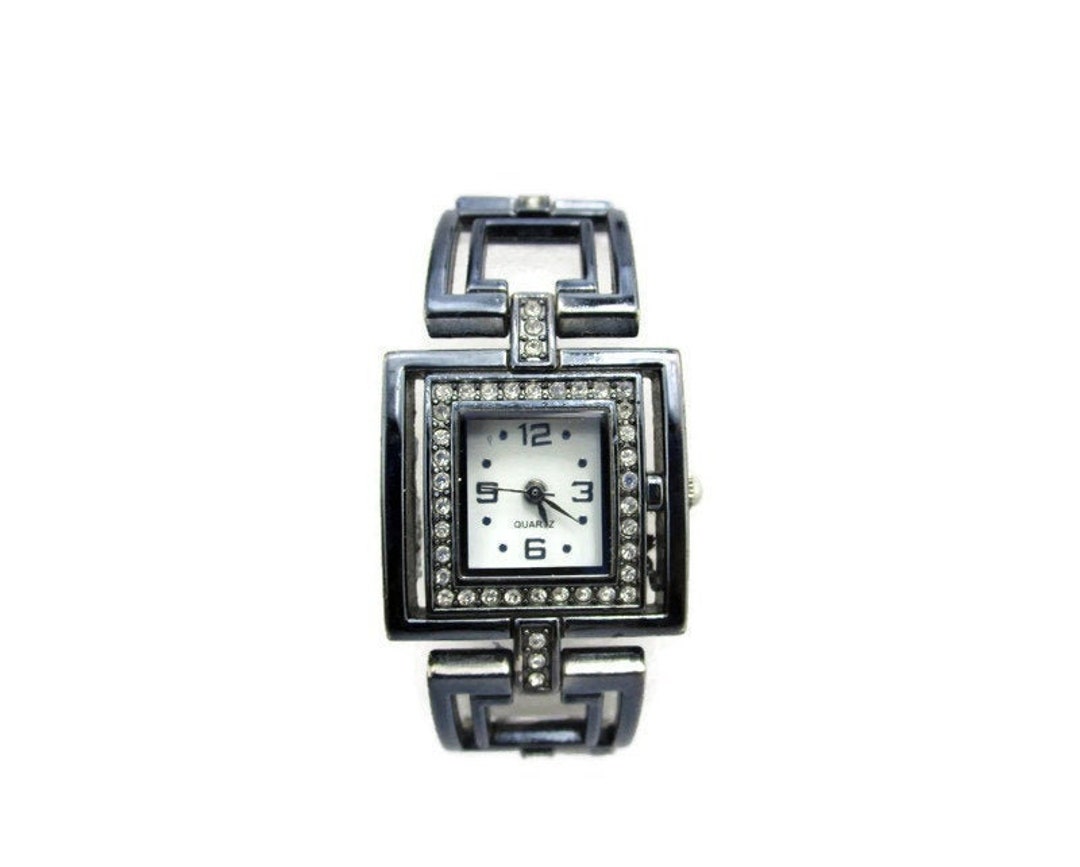 Women's Geometric Watch/concentric Squares & Rhinestones/ Gray Enamel ...