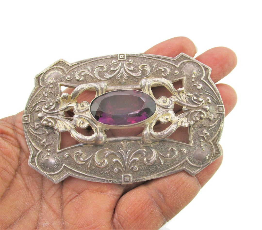 Art Nouveau Sash Brooch/ Large Central Faceted Oval Amethyst Glass ...