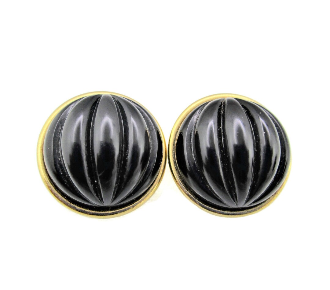 Trifari Ribbed Dome Earrings/gold Tone for Pierced Ears/black Lucite ...
