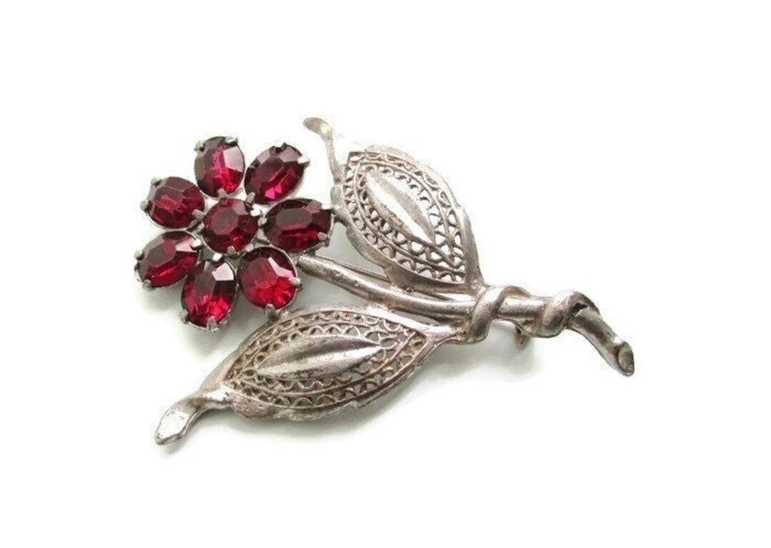 Art Deco Blumenthal Flower Brooch/ Single Stem Filigree Leaves /red ...
