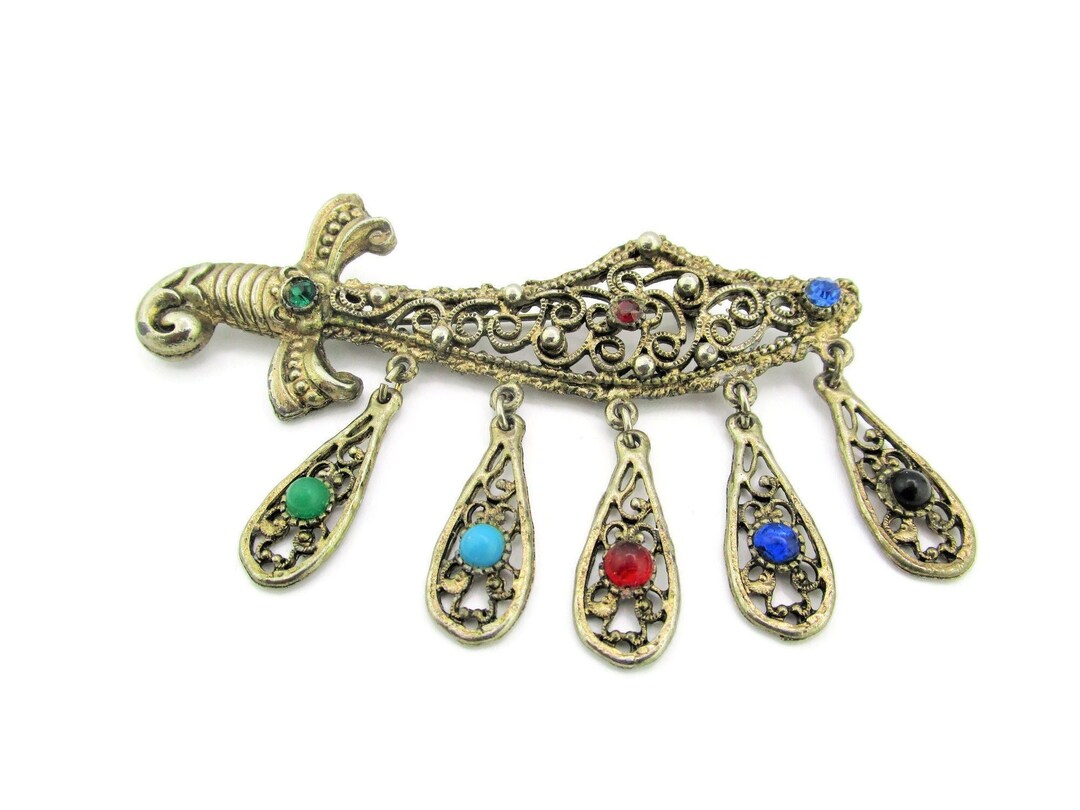 Rhinestone Scimitar Brooch /large Filigree Sword Pin/jewel Tone ...